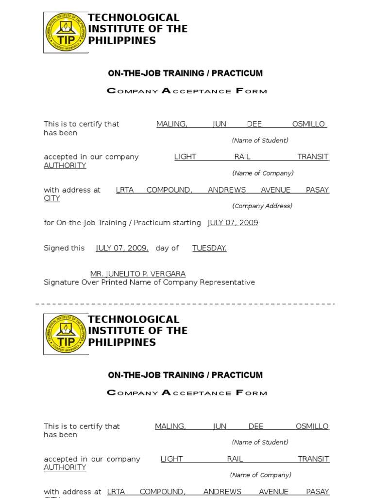 OJT Acceptance Form for IT Students | PDF | Transport