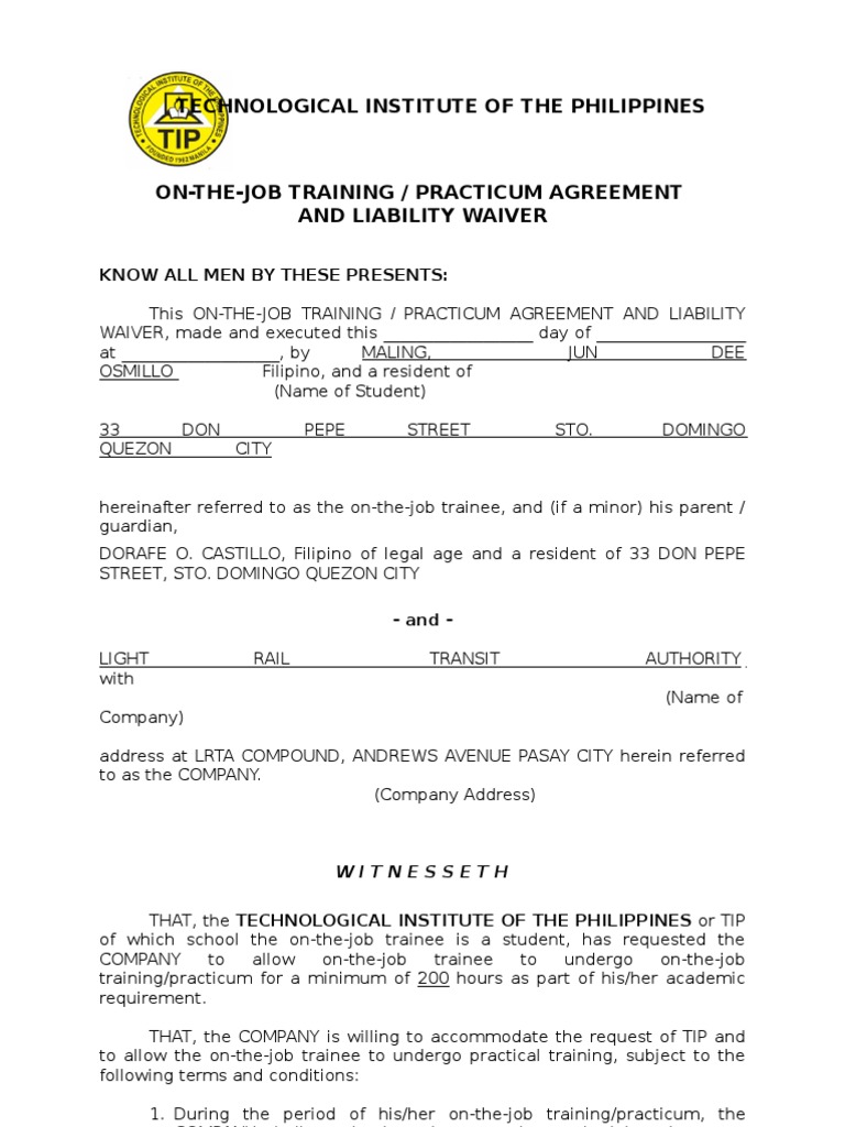 Ojt Practicum Agreement and Liability Waiver | PDF | Civil Law (Legal System) | Government ...