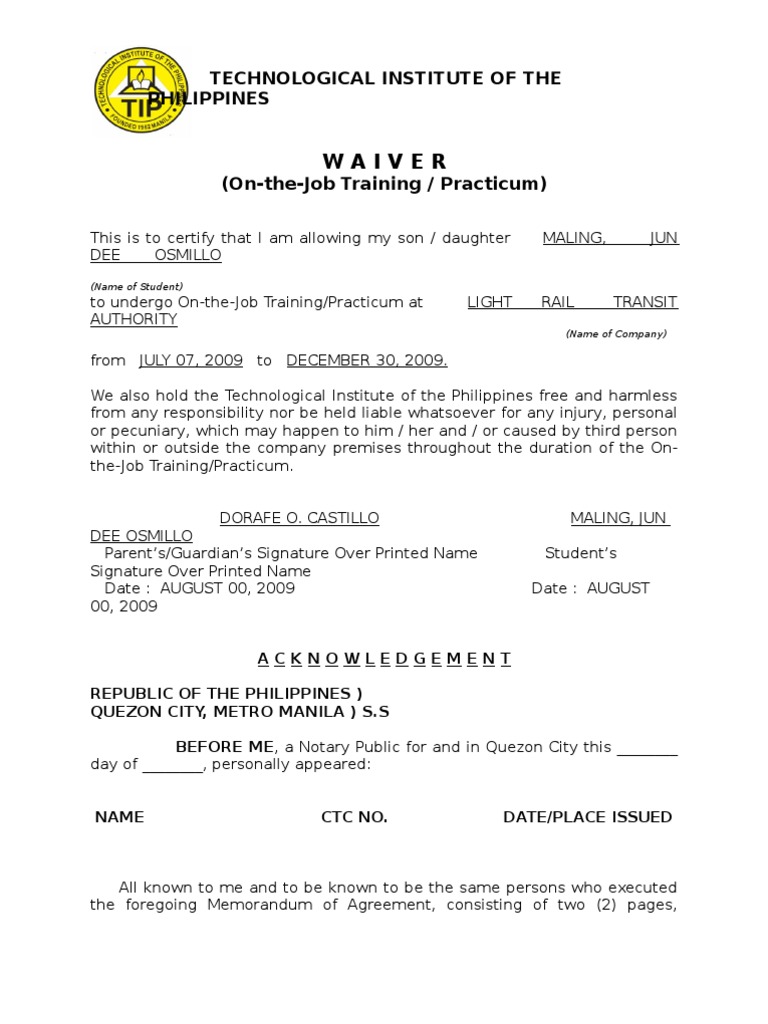 OJT Waiver for Student Training | PDF | Law