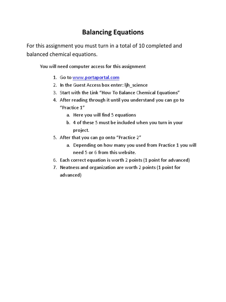 Balancing Equations: For This Assignment You Must Turn in A Total of 10 ...