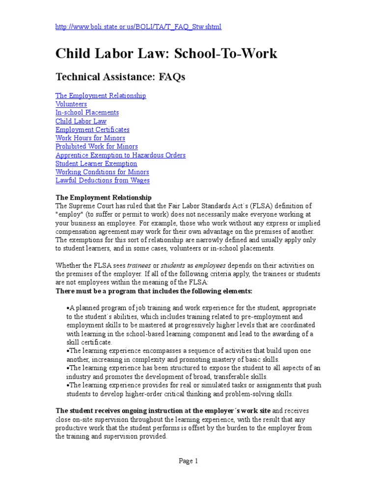 Child Labor Law: School-To-Work: Technical Assistance: Faqs | PDF ...