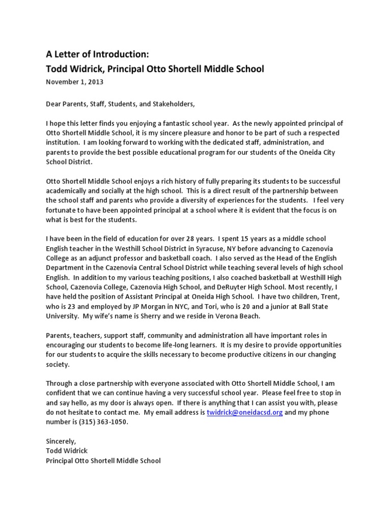 Mr. Todd Widrick's Letter of Introduction: OSMS Principal | Head ...