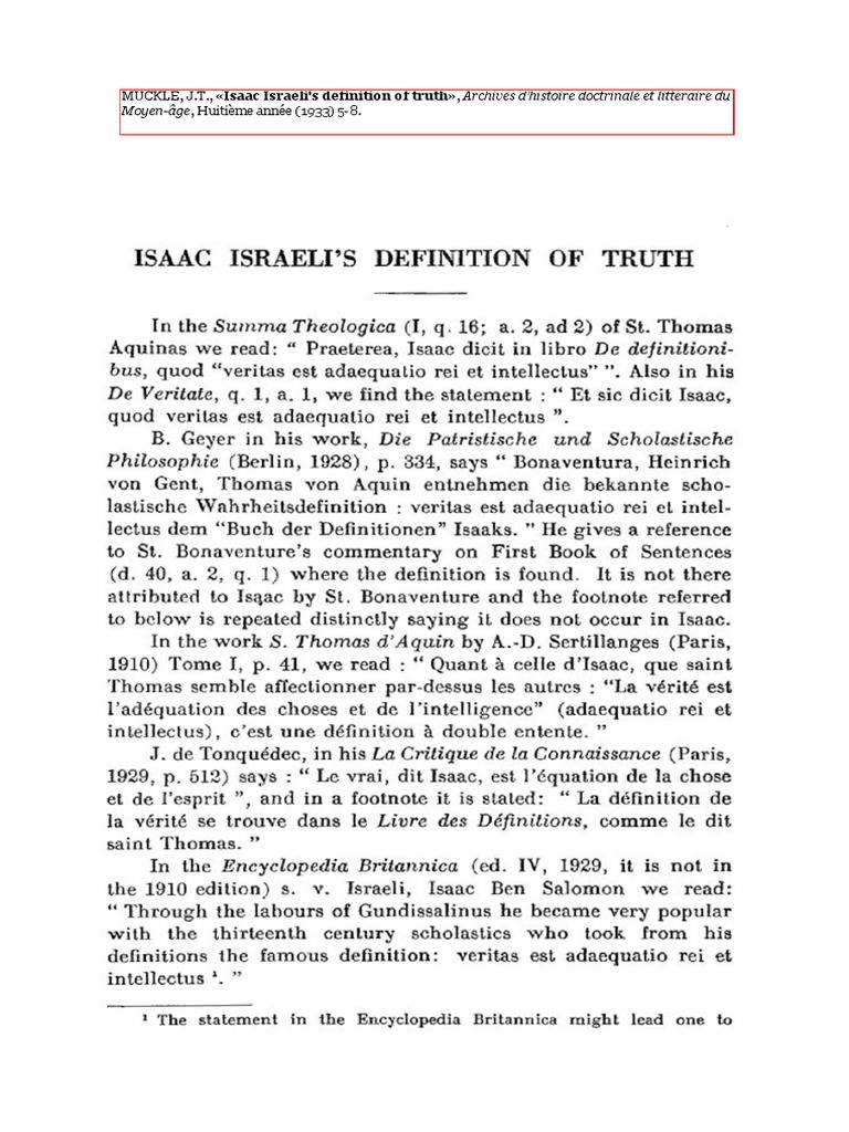 Muckle, "Isaac Israeli's Definition of Truth" (1933) | PDF | Medieval ...