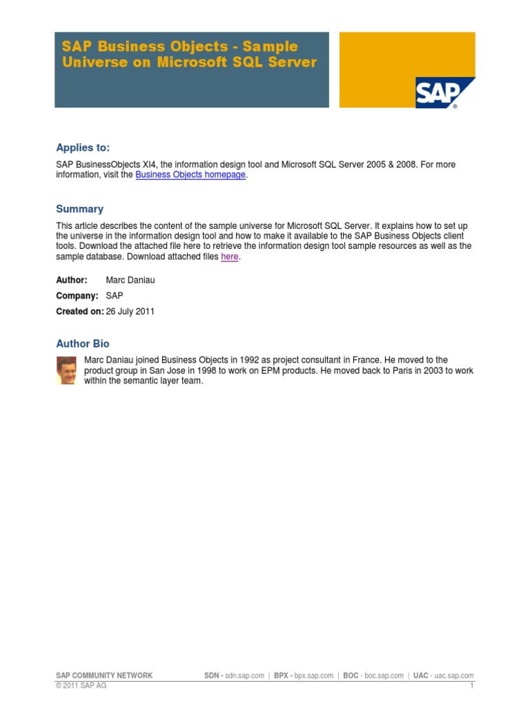 Sap Business Objects Sample Universe On Microsoft Sql Server Pdf Microsoft Sql Server