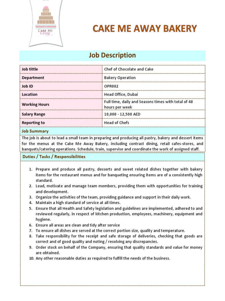 Chef of Chocolate and Cake Position | PDF | Chef | Employment