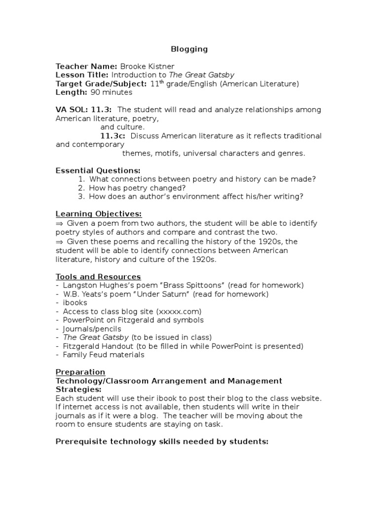 Great Gatsby Intro Lesson Plan | PDF | F. Scott Fitzgerald | This Side ...