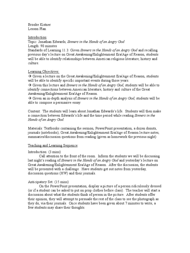 Sinners in The Hands of An Angry God Lesson Plan | PDF | Jonathan ...