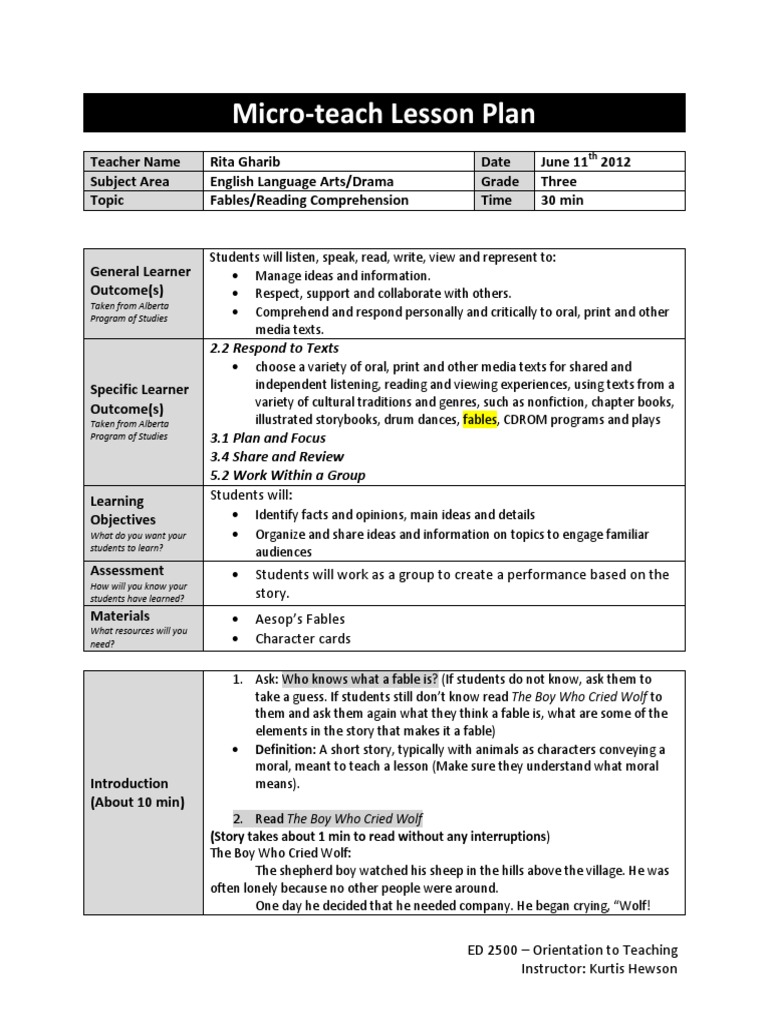 Microteach Lesson Plan | PDF | Fable | Lesson Plan
