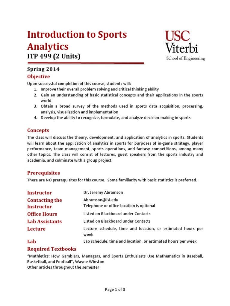 Introduction To Sports Analytics: ITP 499 (2 Units) | PDF | Student Assessment And Evaluation ...