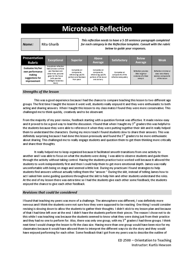 Microteach Reflection Template | PDF | Lesson Plan | Rubric (Academic)