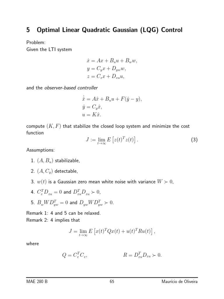 Chapter 5 Optimal Linear Quadratic Gaussian Lqg Control Pdf Control Theory Mathematical