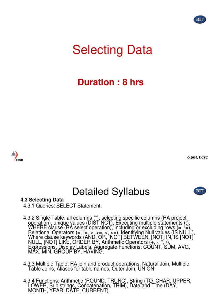 Selecting Data: Duration: 8 Hrs | PDF | Relational Database | Sql