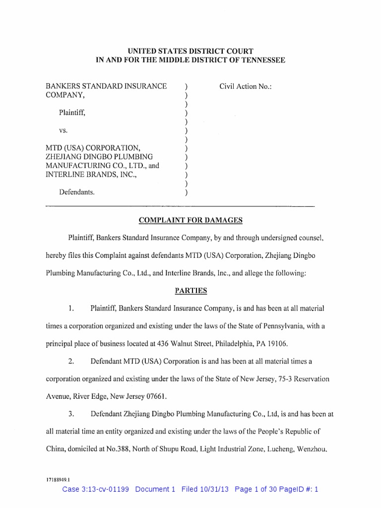 BANKERS STANDARD INSURANCE COMPANY v. MTD (USA) CORPORATION Et Al ...