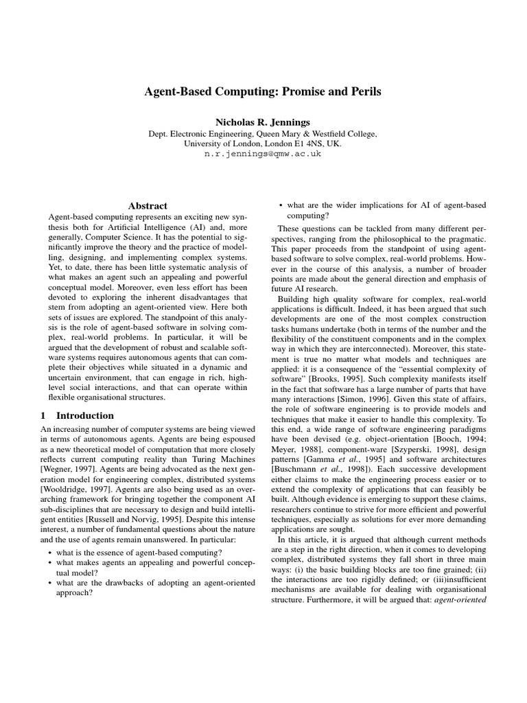 Agent-Based Computing: Promise and Perils: Nicholas R. Jennings | PDF | Agent Based Model | System