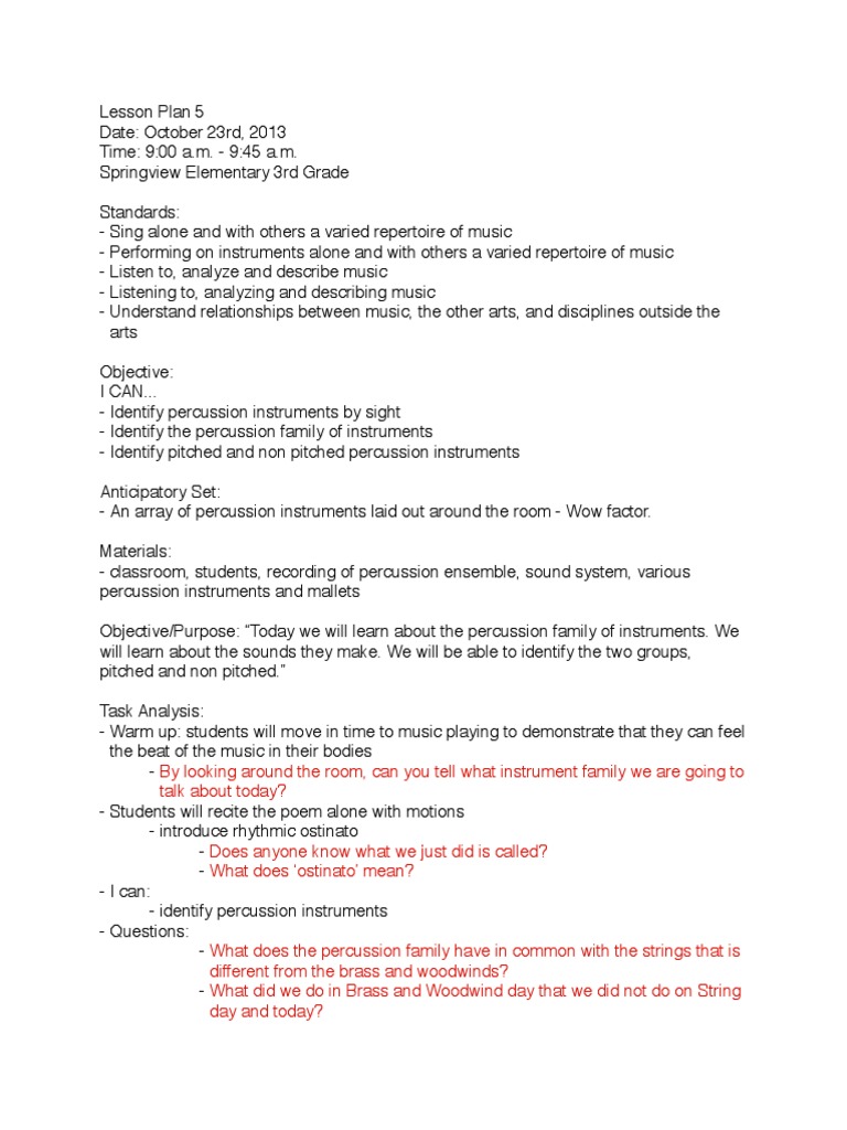 3rd Grade Percussion Lesson Plan | PDF | Sound | Performing Arts