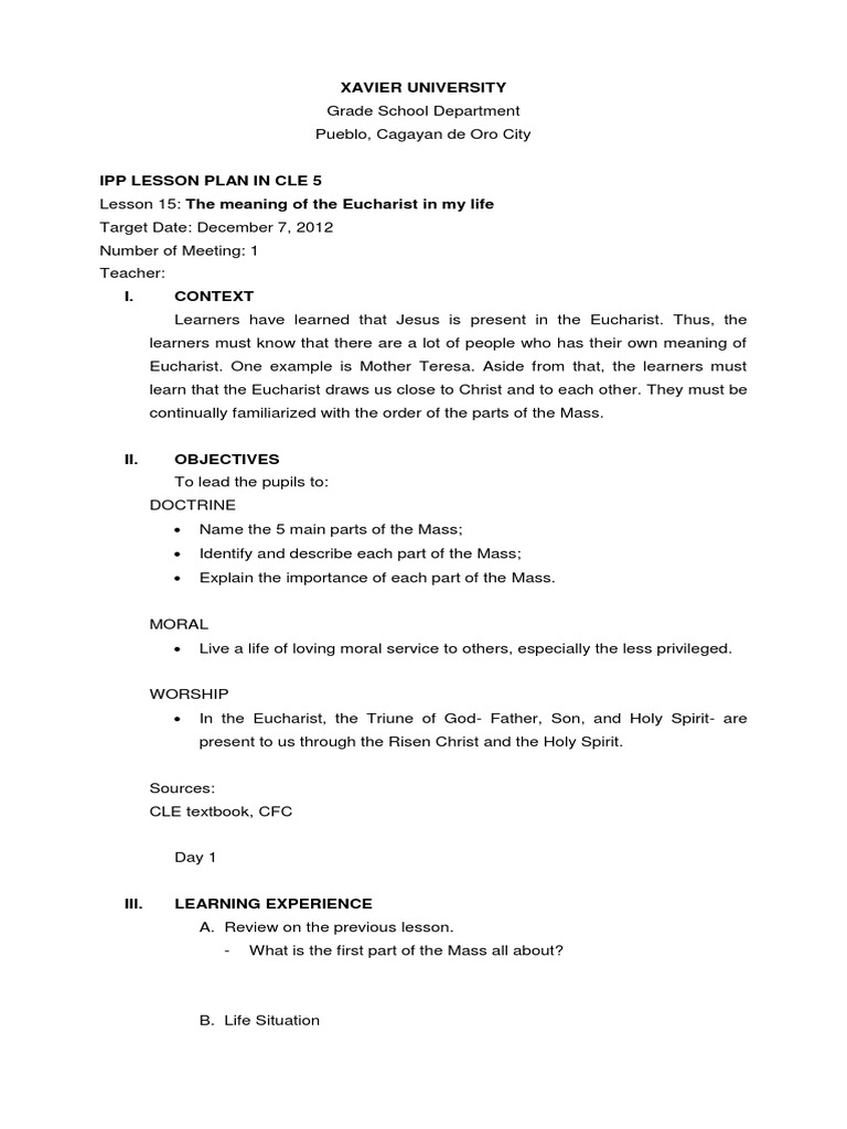 Cle Lesson Plan | PDF | Mass (Liturgy) | Eucharist