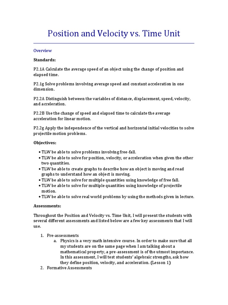 Position and Velocity Lesson Plan | PDF | Velocity | Acceleration