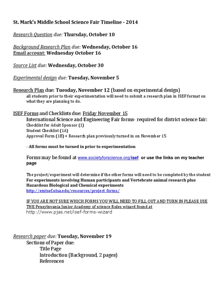 St. Mark's Science Fair Timeline 2014 | PDF | Career & Growth