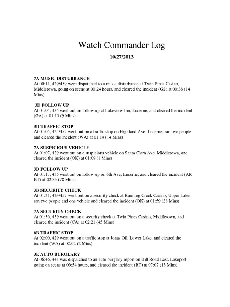 Watch Commander Log: Incident Summary | PDF | Traffic | Driving