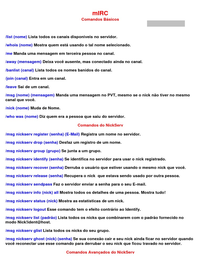 mIRC Comandos Basicos | PDF | Controle de acesso | Senha
