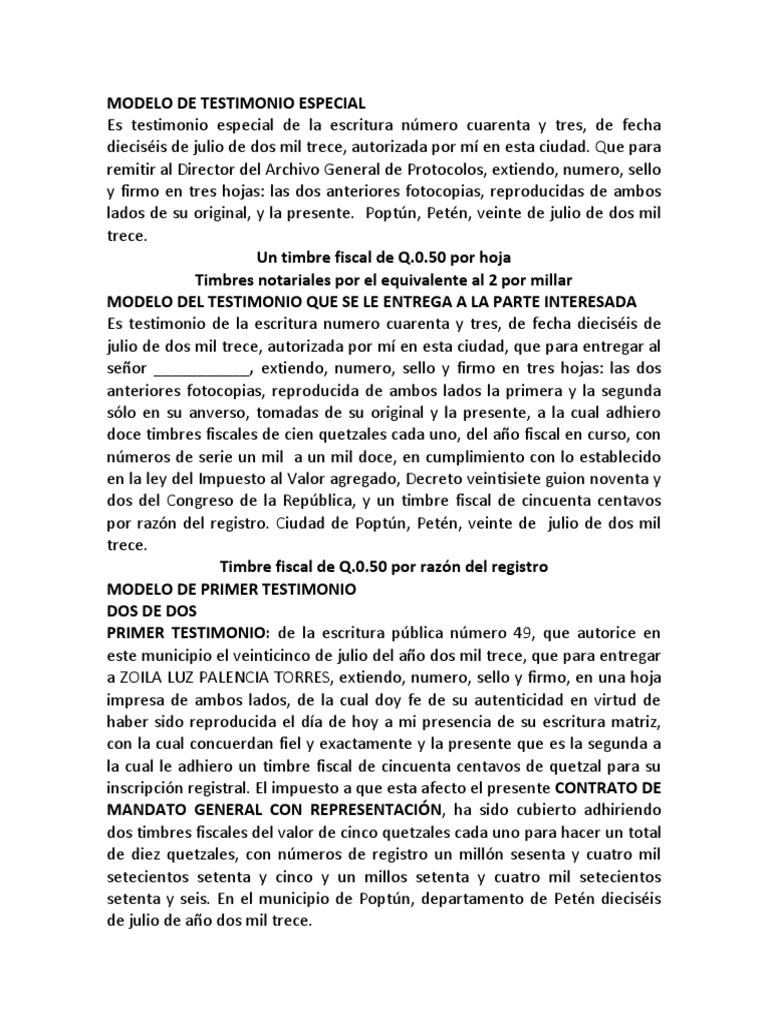 Modelo de Testimonio Especial | PDF Modelo de Testimonio Especial | PDF