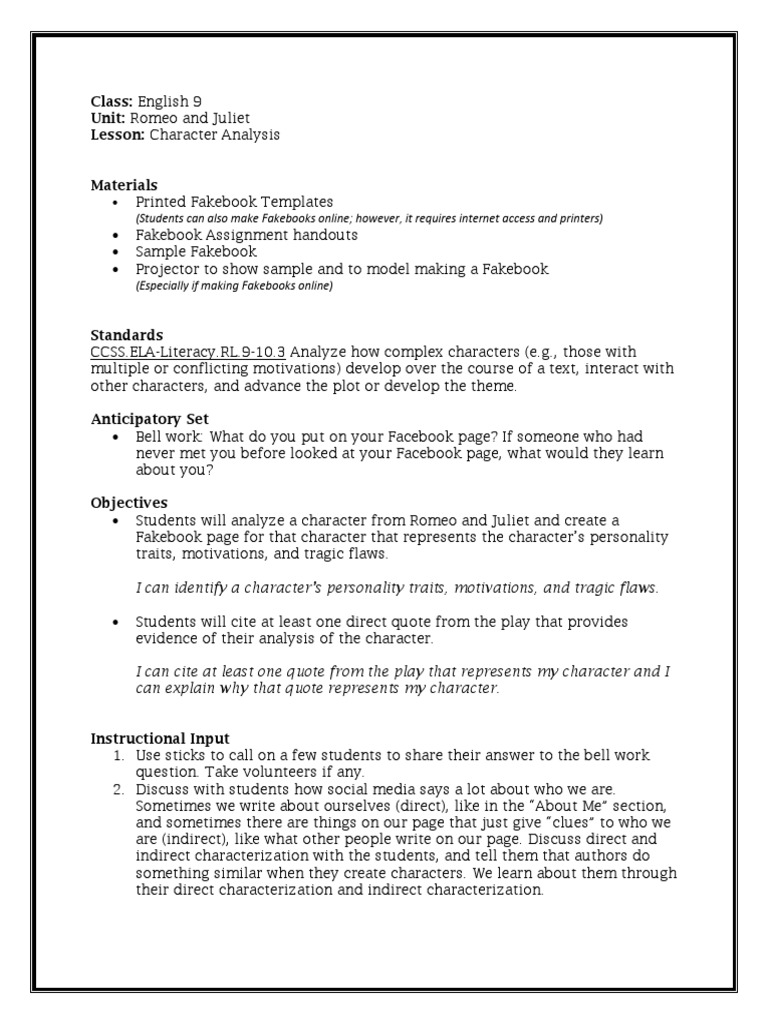 Character Fakebook Project Guide | PDF | Cognition | Communication