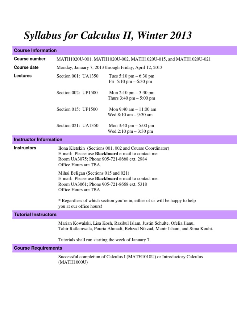 MATH1020U - Syllabus Winter 2013 PDF | PDF | Multivariable Calculus | Integral