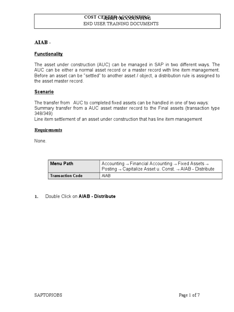 TCODE - AIAB AUC Settlement With Line Items | PDF | Accounting | Economics