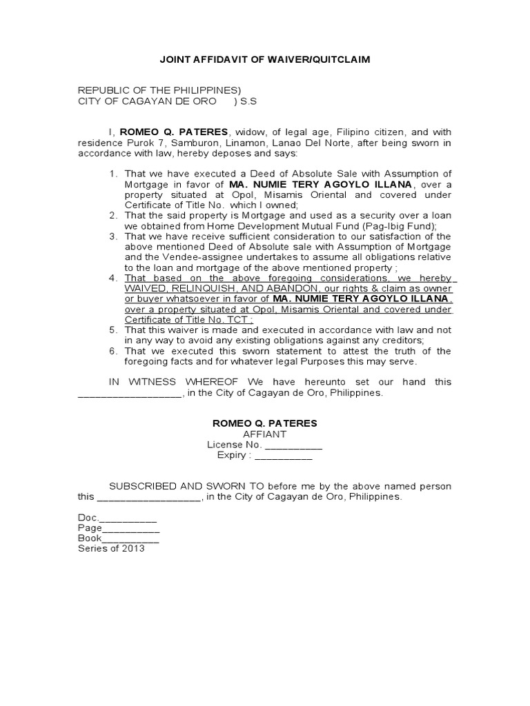 Sample For Affidavit With Waiver Pag Ibig Form | PDF