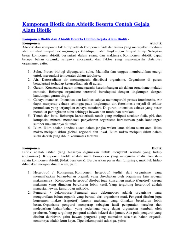 Komponen Biotik Dan Abiotik Beserta Contoh Gejala Alam Biotik | PDF