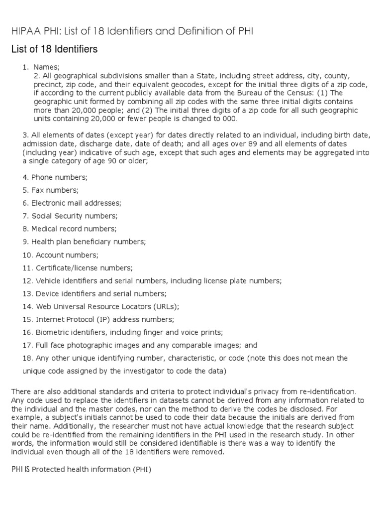 HIPAA PHI: List of 18 Identifiers and Definition of PHI List of 18 ...