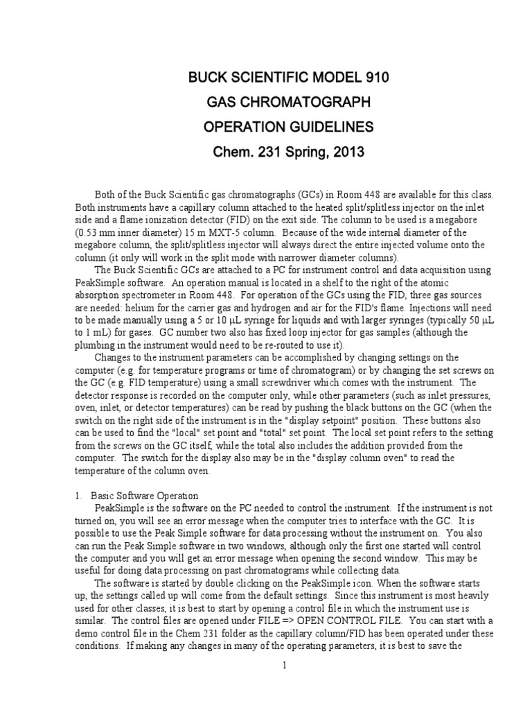Buck Scientific Model 910 Gas Chromatograph Operation Guidelines Chem ...