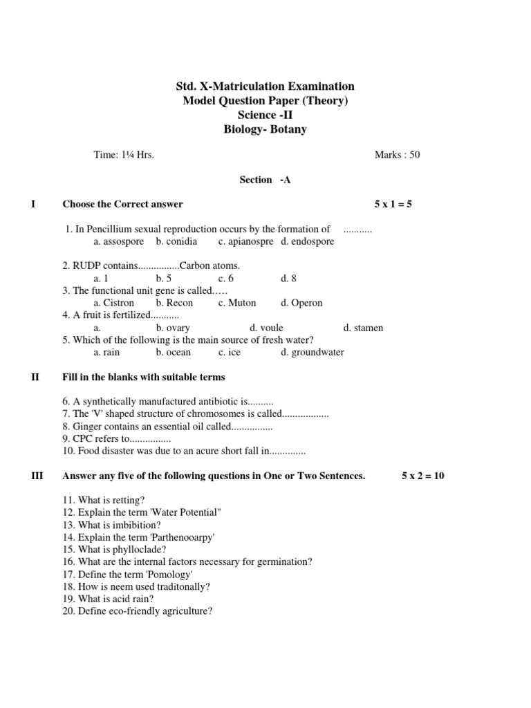 Std. X-Matriculation Examination Model Question Paper (Theory) Science ...