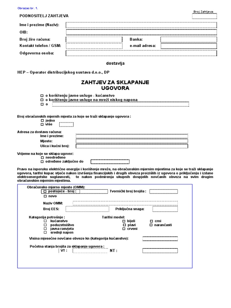 HEP Zahtjev Za Sklapanje Ugovora | PDF