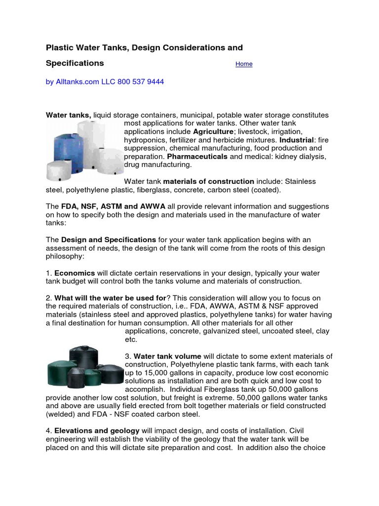 Plastic Water Tanks, Design Considerations and Specifications | PDF ...