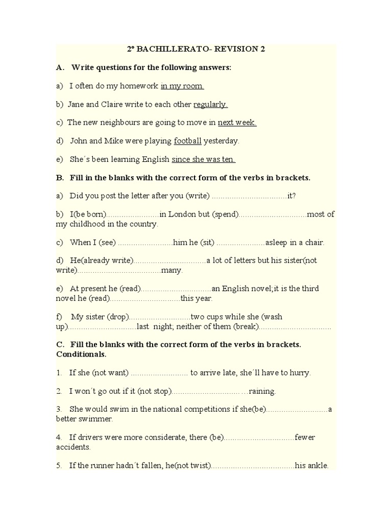 2º Bachillerato-Revision 2 A. Write Questions For The Following Answers ...