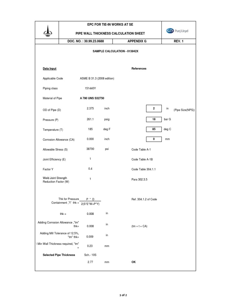 EPC Pipe Wall Thickness Calculation | PDF