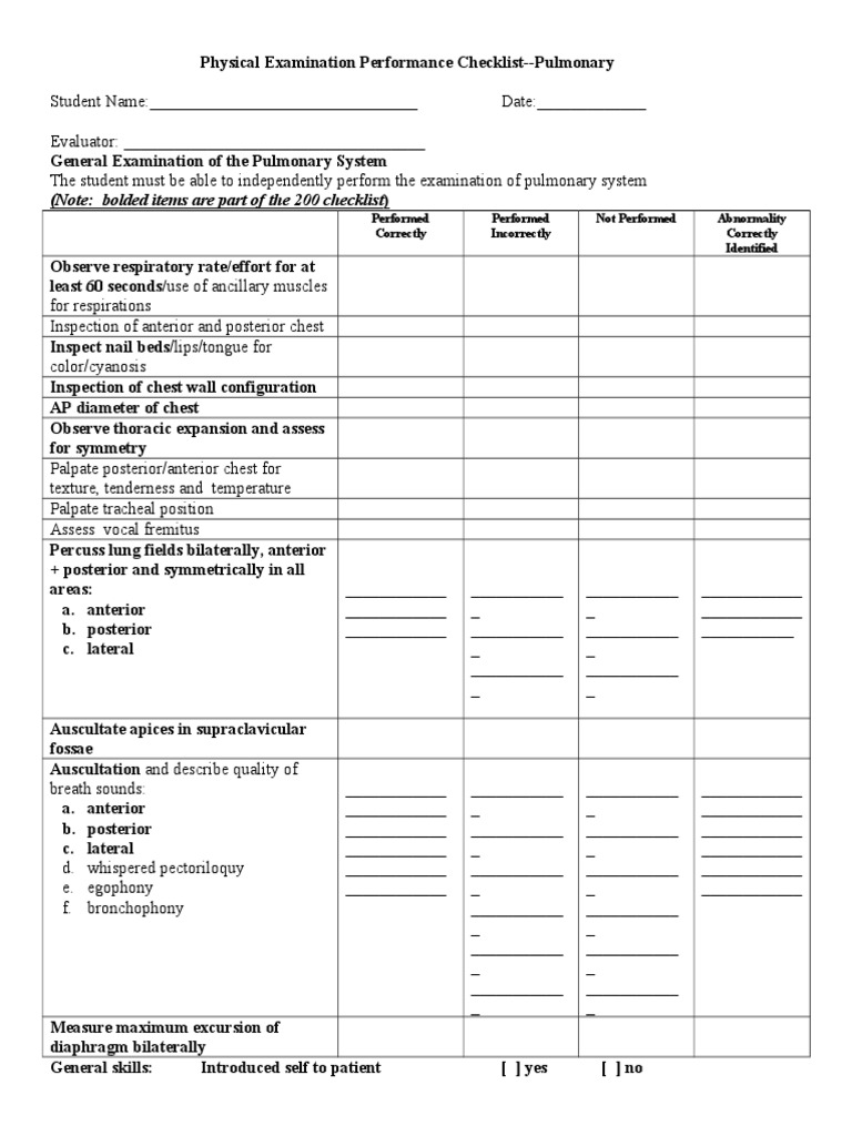 Pulmonary Examination Checklist Guide | PDF