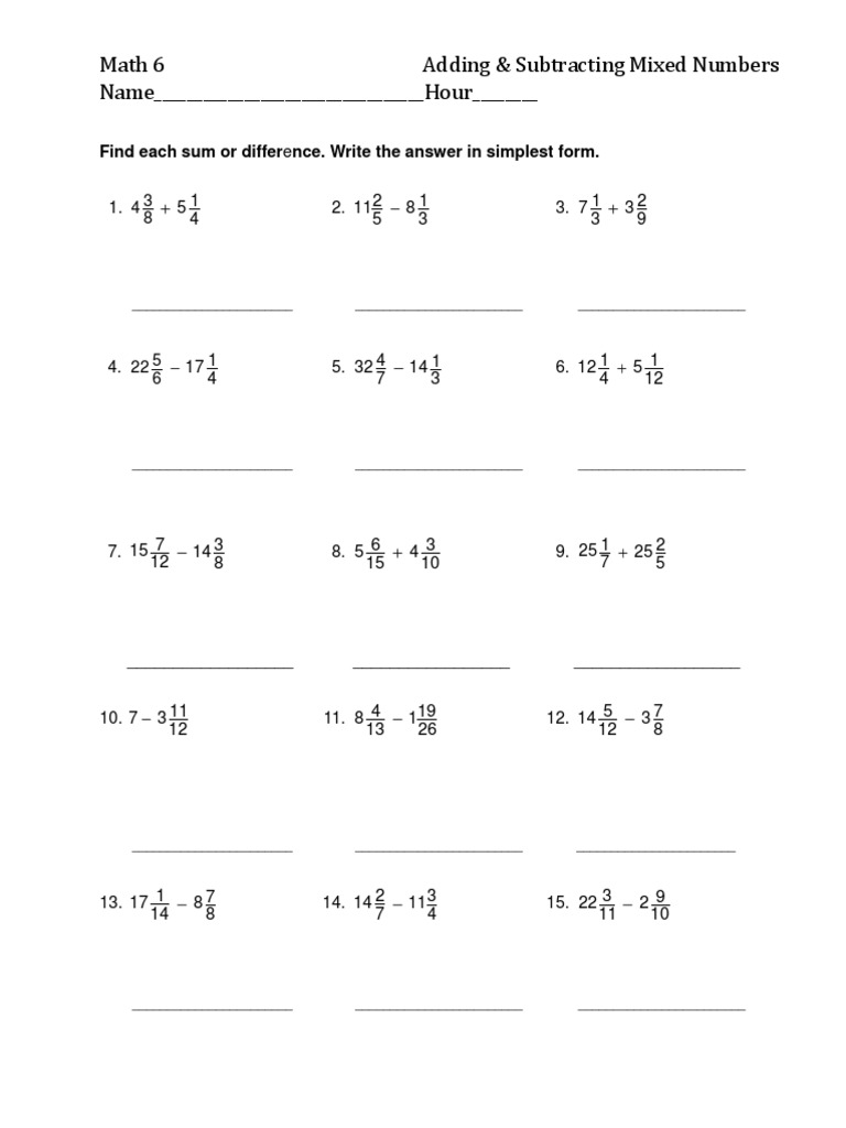 Adding & Subtracting Mixed Numbers Worksheet | PDF