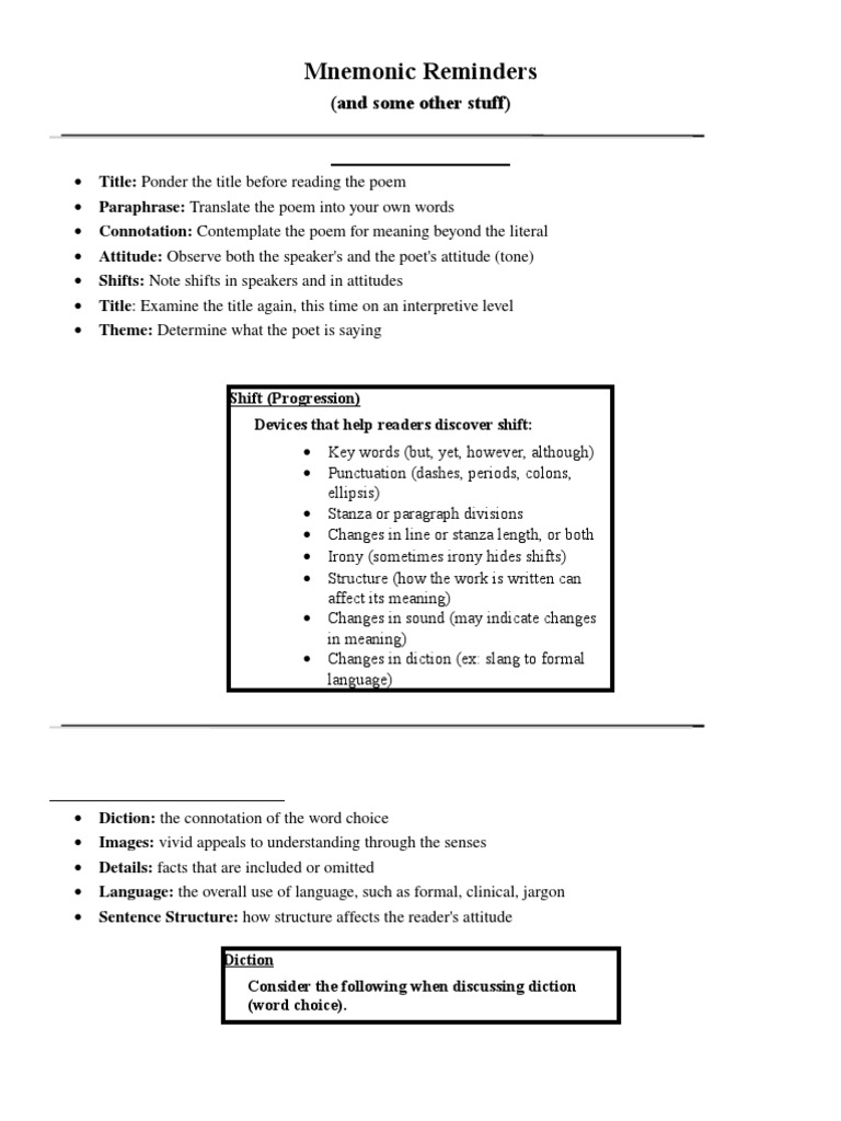 Mnemonic - Reminders For Analysis Strategies | PDF | Poetry | Semiotics