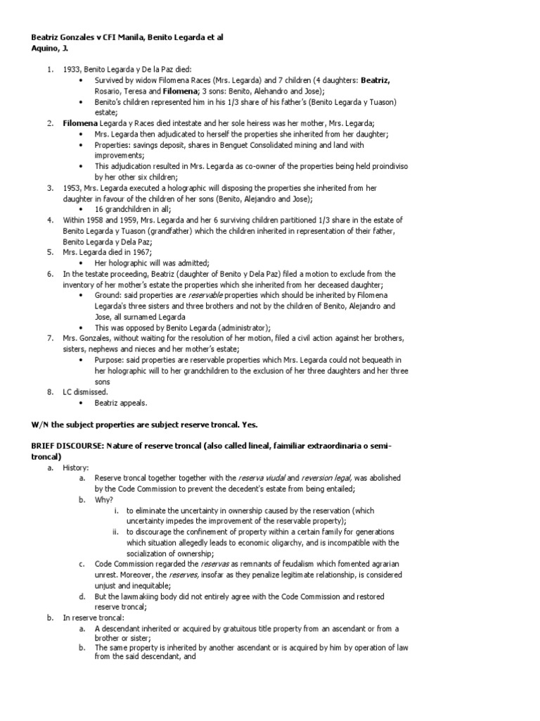 Beatriz Gonzales V CFI Manila, Benito Legarda Et Al Aquino, J | PDF ...