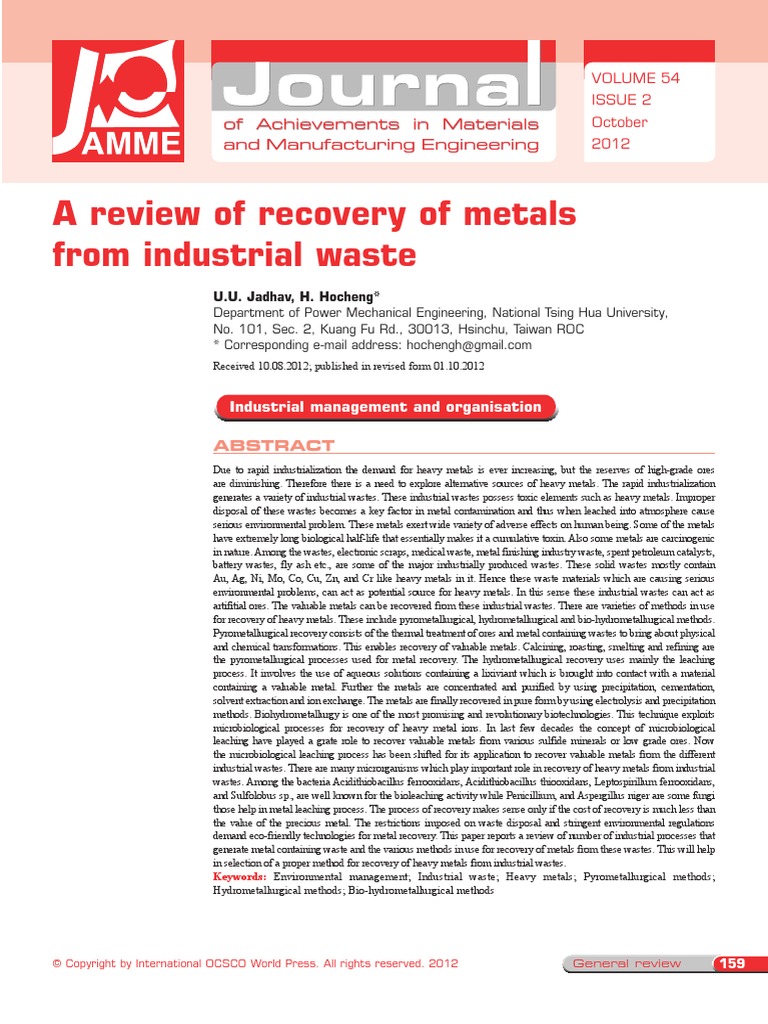A Review of Recovery of Metals | PDF | Materials | Metals