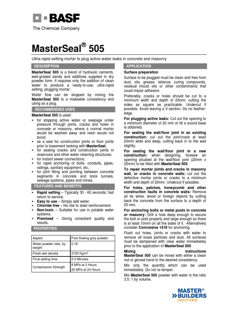 MSDS & TDS - Masterseal 505 PDF | PDF | Mortar (Masonry) | Sanitary Sewer