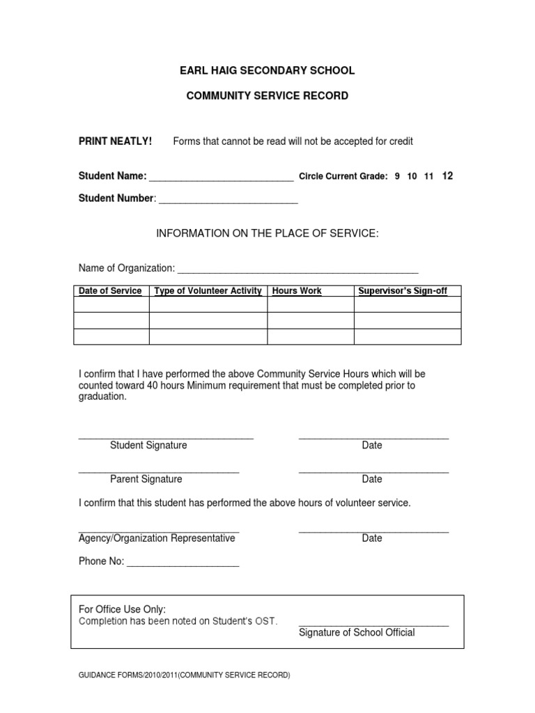 Earl Haig Secondary School Community Service Record: Information On The ...