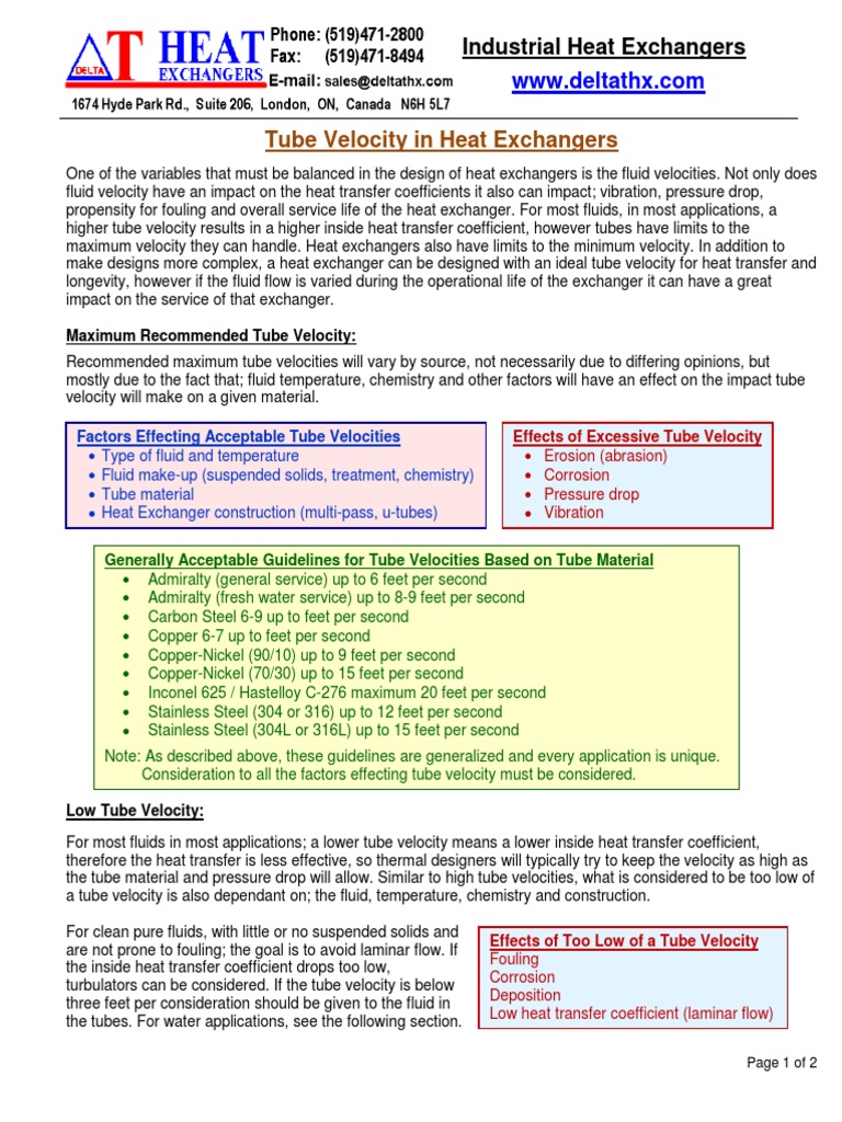Tube Velocity Guidelines for Heat Exchangers | PDF | Heat Exchanger ...