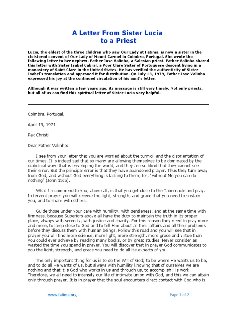 A Letter From Sister Lucia to a Priest | Prayer | Theology
