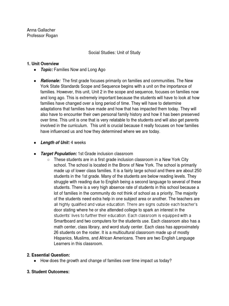 Social Studies Unit-Families Now and Long Ago Unit | PDF | Conversation ...