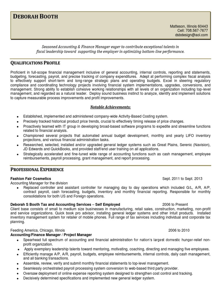 Accounting Manager Controller Taxes in Chicago IL Resume Deborah Booth ...