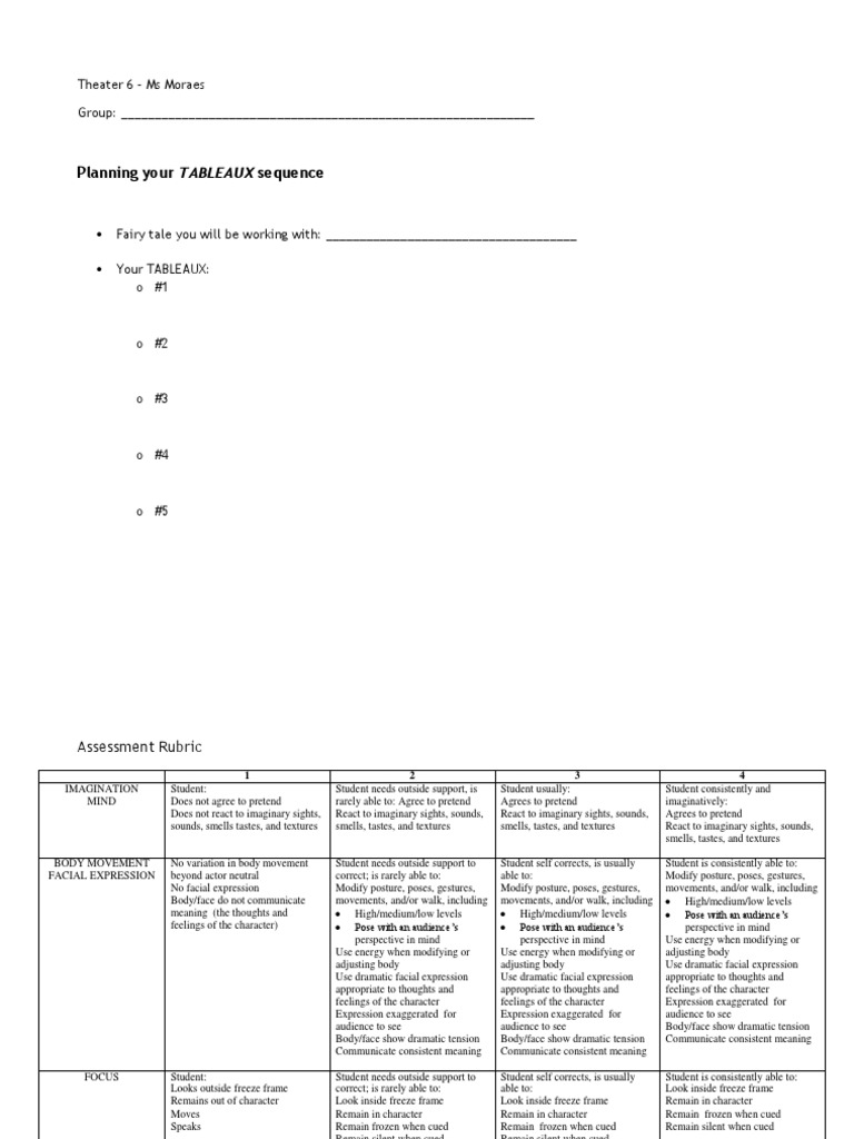 Assessment Rubric for Tableaux Performance | PDF | Semiotics | Psychology