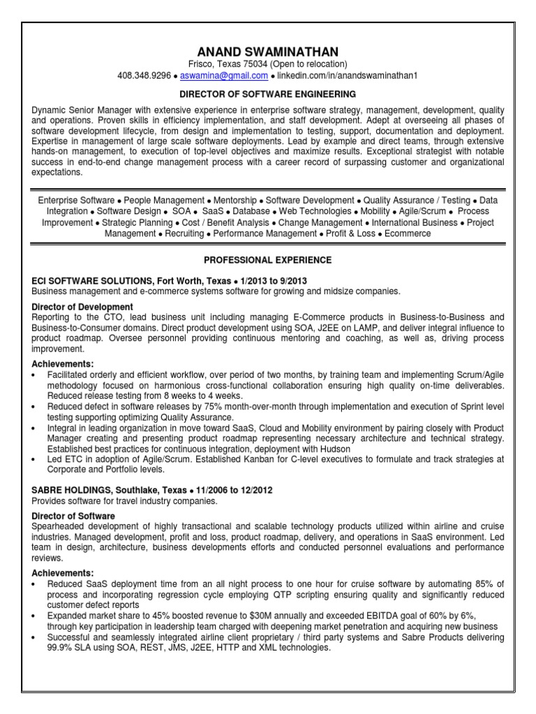 Director Software Engineering in Dallas FT Worth TX Resume Anand ...